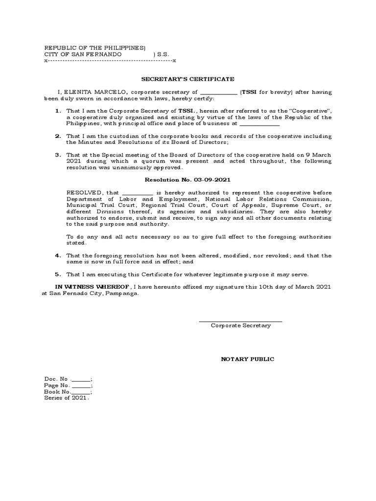 Secretary's certificate for corporate authorization | PDF