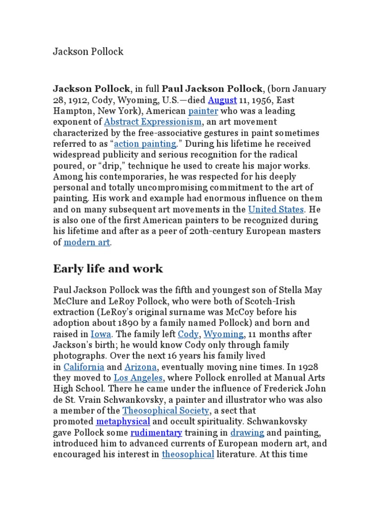 Jackson Pollock: Early Life and Work | PDF | Paintings | Art Movements