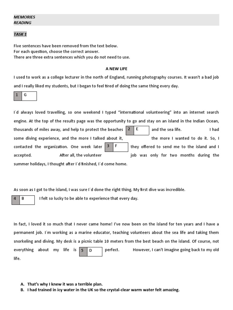 Memories - Reading Comprehension Tasks | PDF