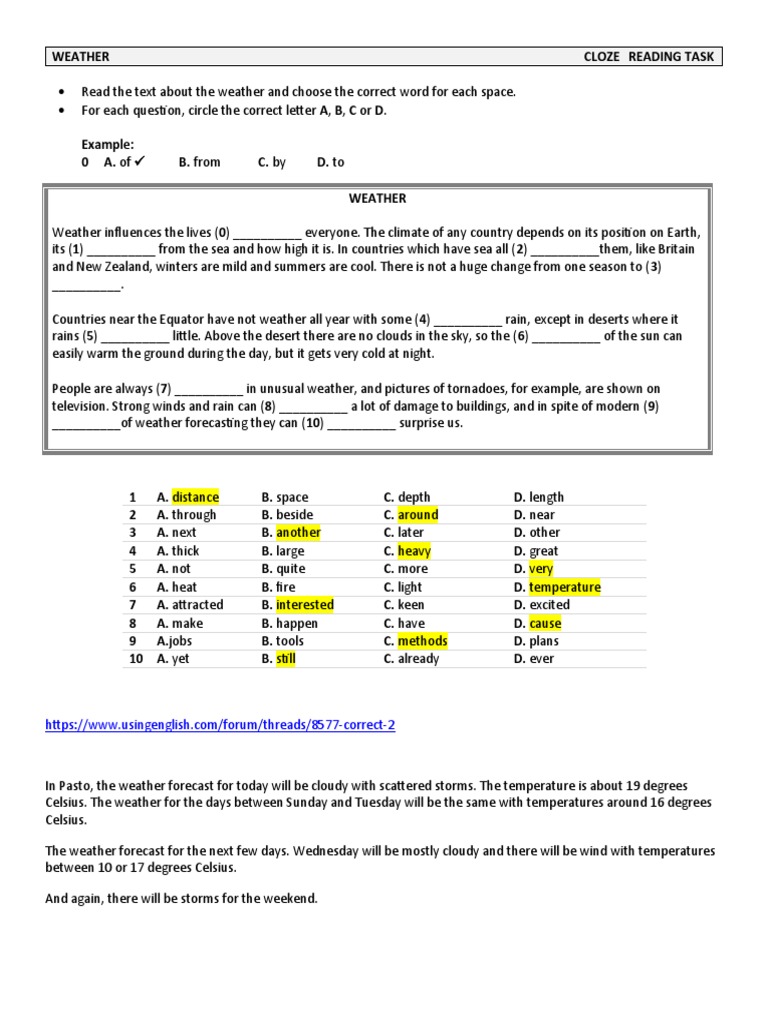 WEATHER - Cloze Reading w3 | PDF | Rain | Sky
