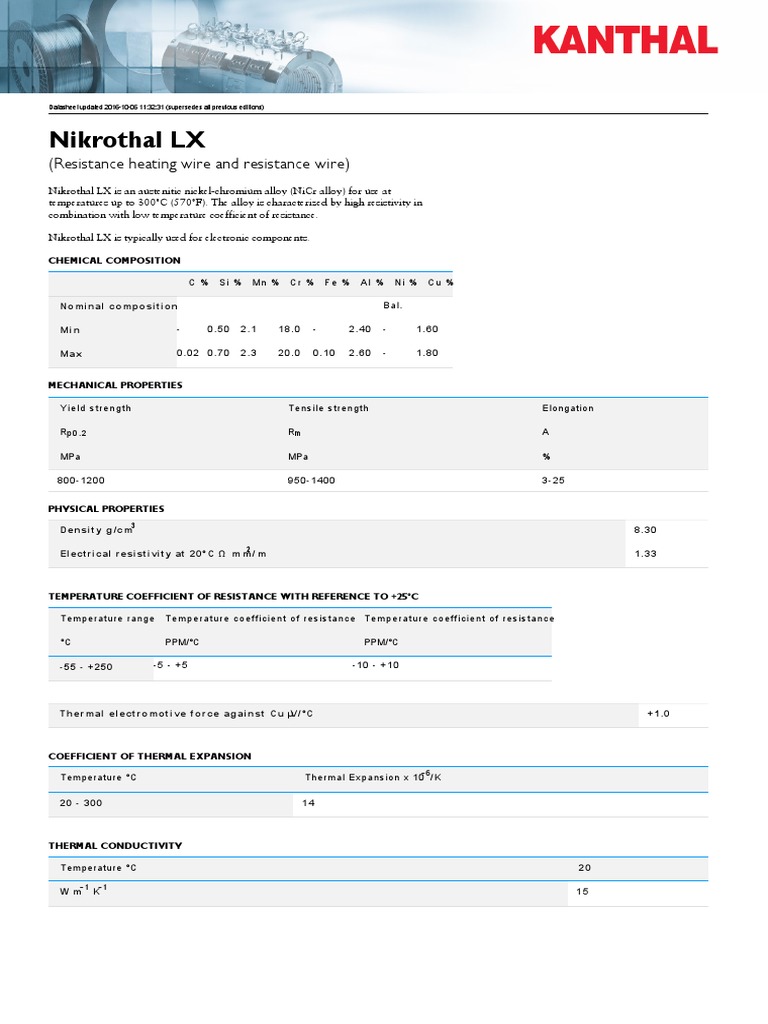 Datasheet for Nikrothal LX Resistance Heating Wire: Chemical ...
