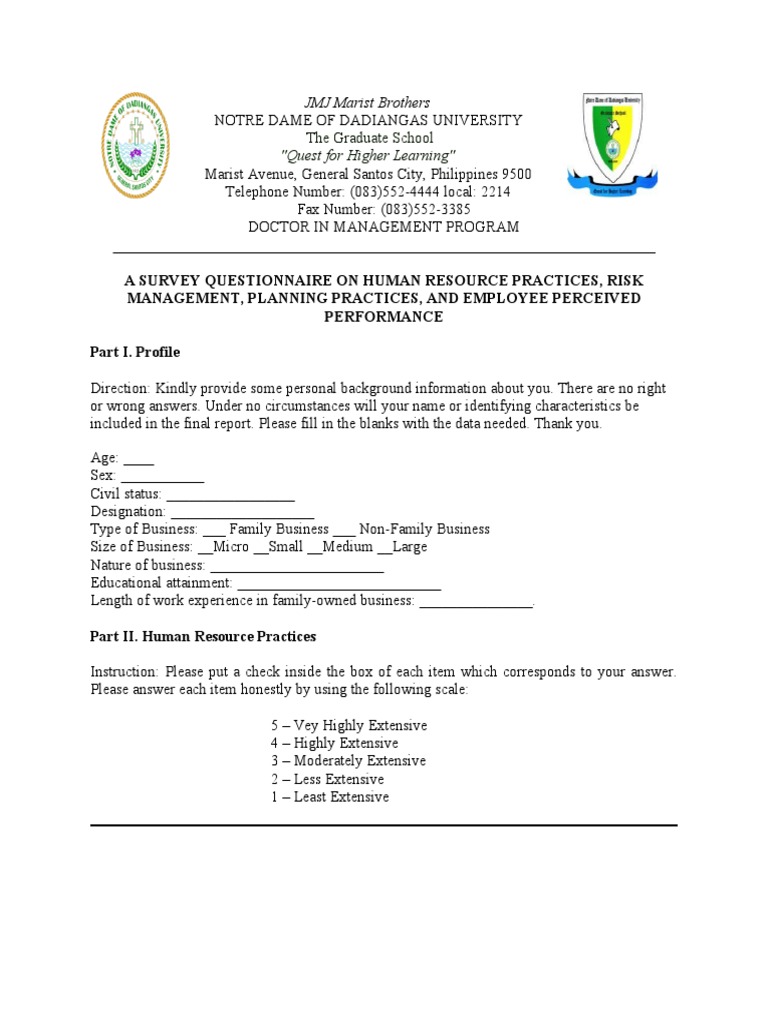 A Survey Questionnaire On Human Resource Practices, Risk Management ...