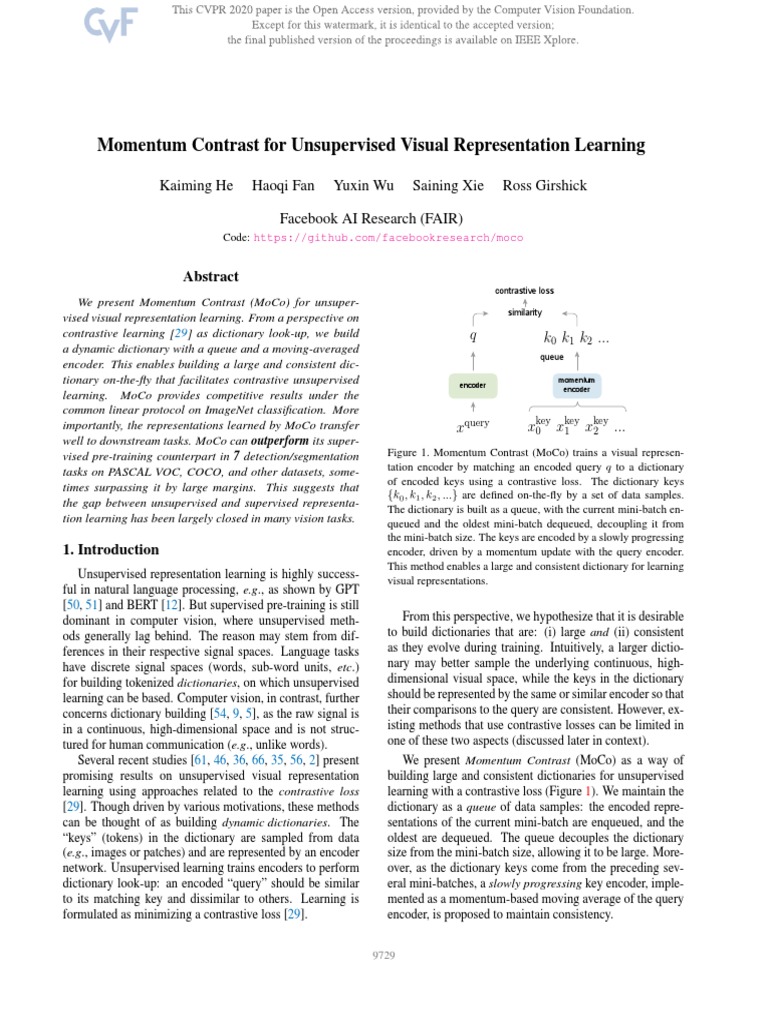 He Momentum Contrast For Unsupervised Visual Representation Learning ...