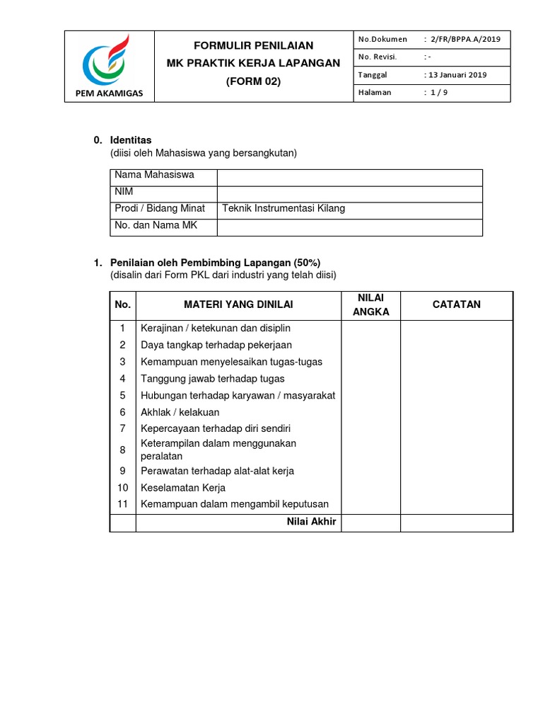 Form Penilaian Pembimbing PKL | PDF
