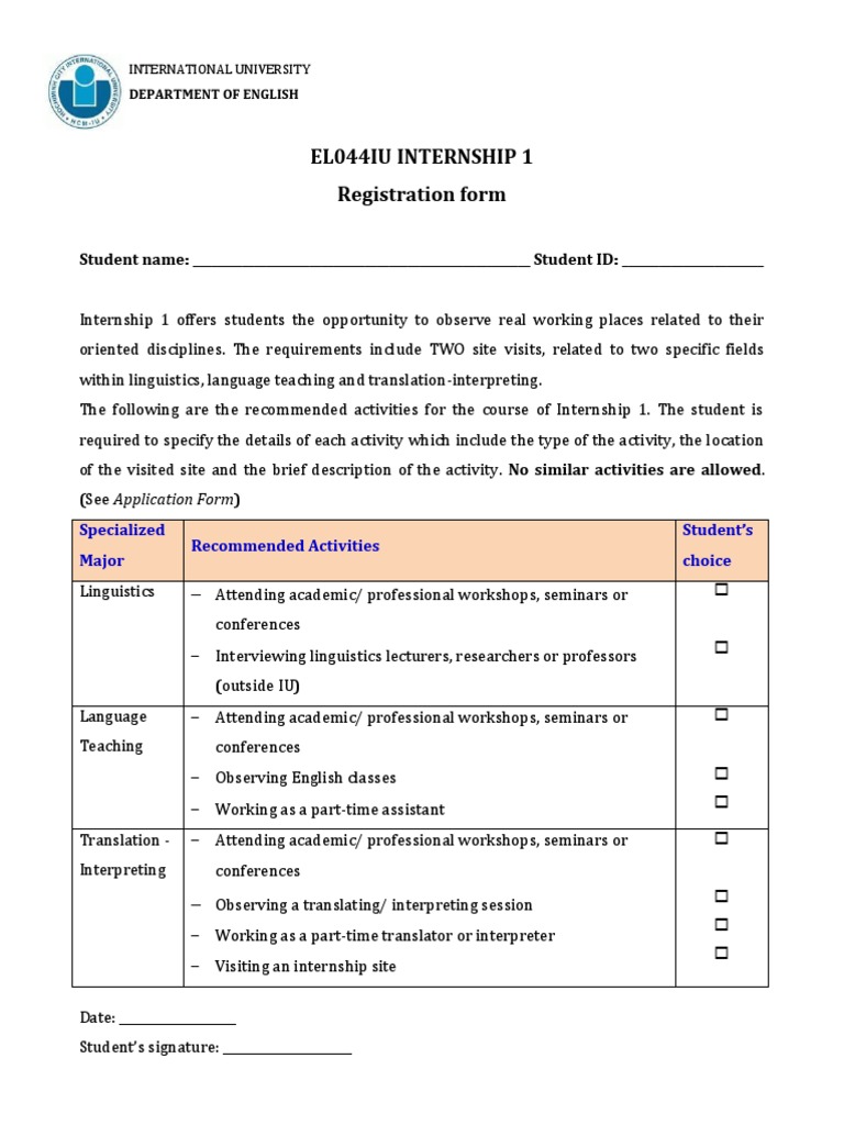 Internship 1 Registration Form | PDF