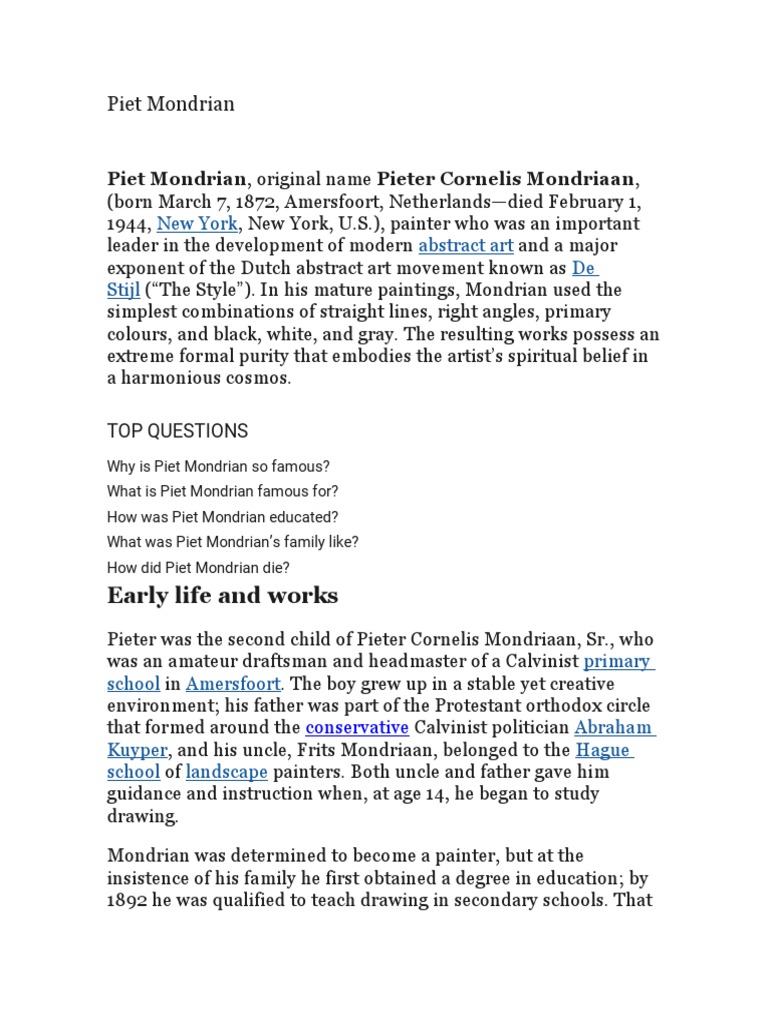 Piet Mondrian: Early Life and Works | PDF | Cubism | Art Movements