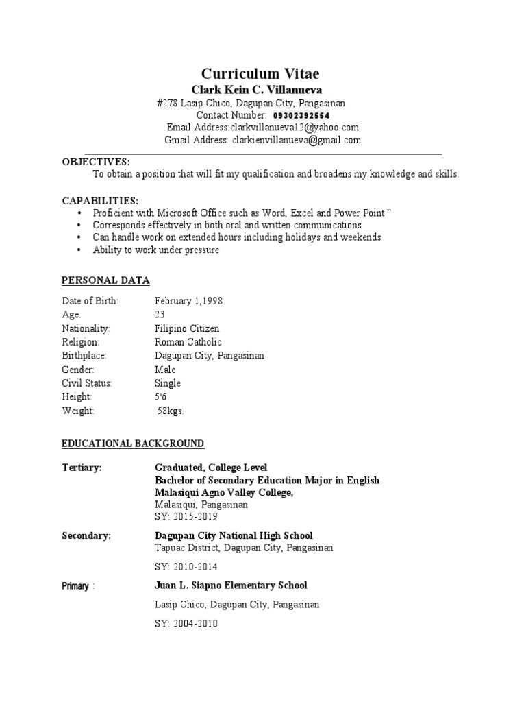 Curriculum Vitae: Clark Kein C. Villanueva | PDF | Human Nature