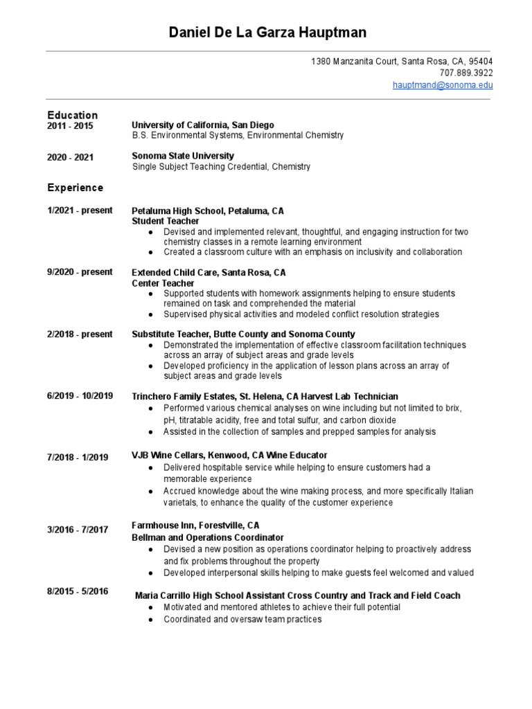Daniel de La Garza Hauptman Resume | PDF | Lesson Plan | Teachers