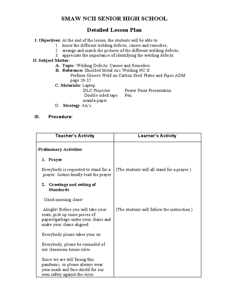 Detailed Lesson Plan in SMAW NCII | PDF | Welding | Construction Detailed Lesson Plan in SMAW NCII | PDF | Welding | Construction