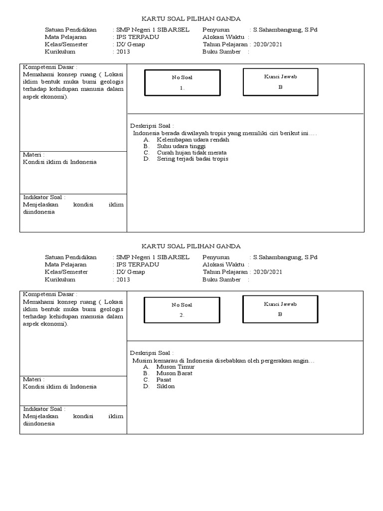 Kartu Soal Pilihan Ganda Ips | PDF