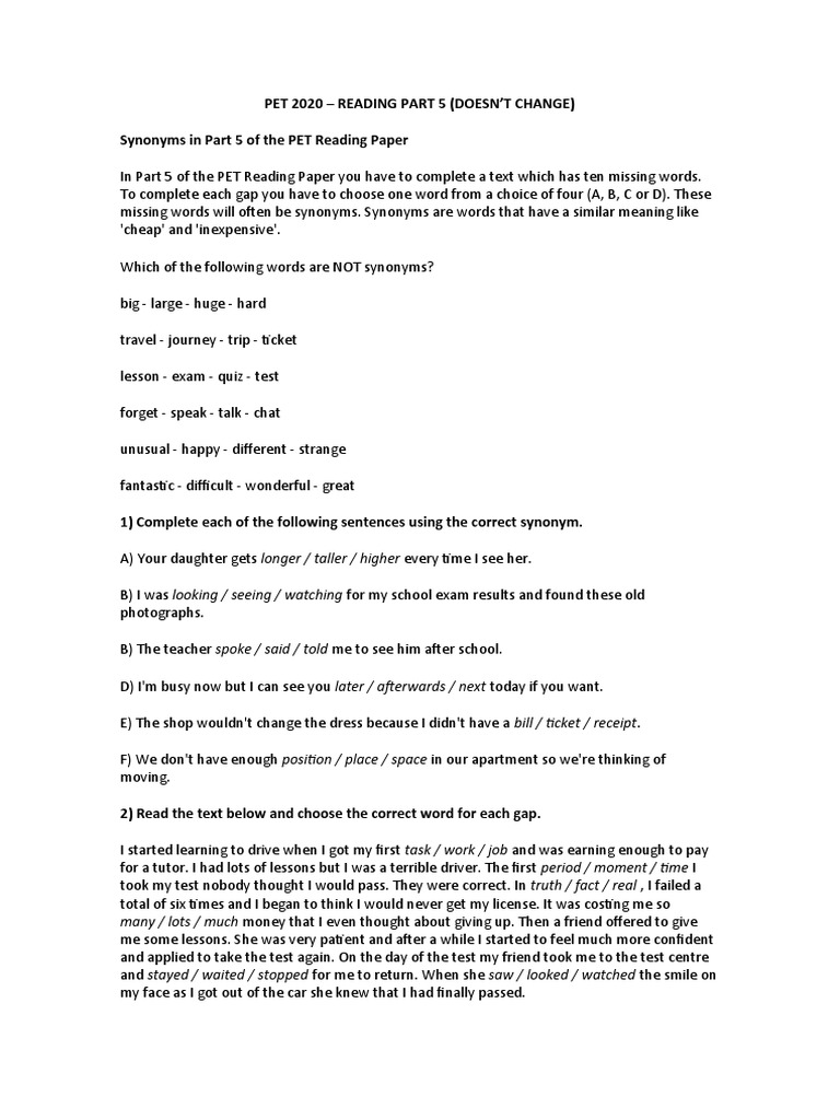 PET Reading Part 5 Guide | PDF | Test (Assessment) | Test/Examination