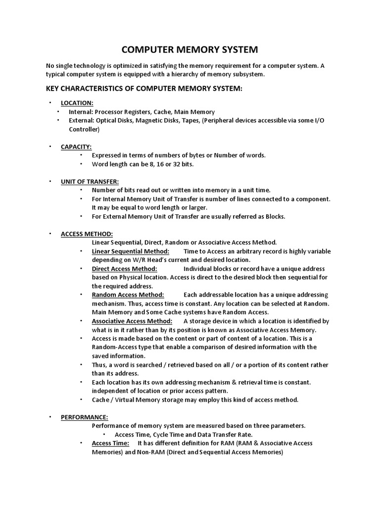 MEMORY Hierarchy and Characteristics of Computer Memory Systems | PDF ...