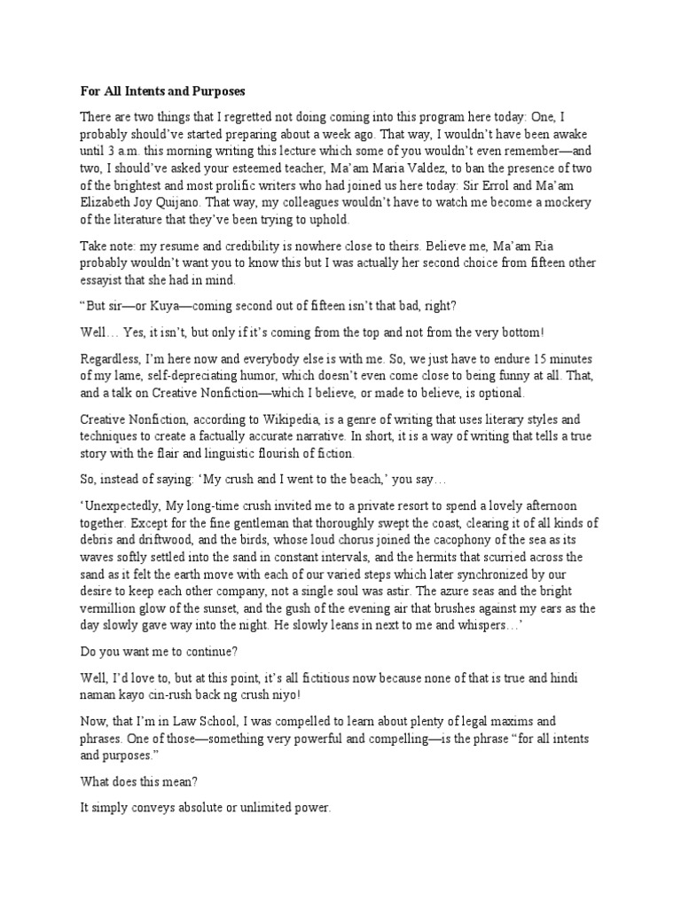 For All Intents and Purposes | PDF | Intention | Creative Nonfiction