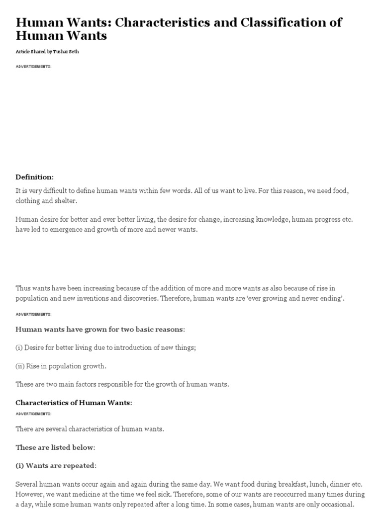 Human Wants - Characteristics and Classification of Human Wants | PDF | Foods | Clothing