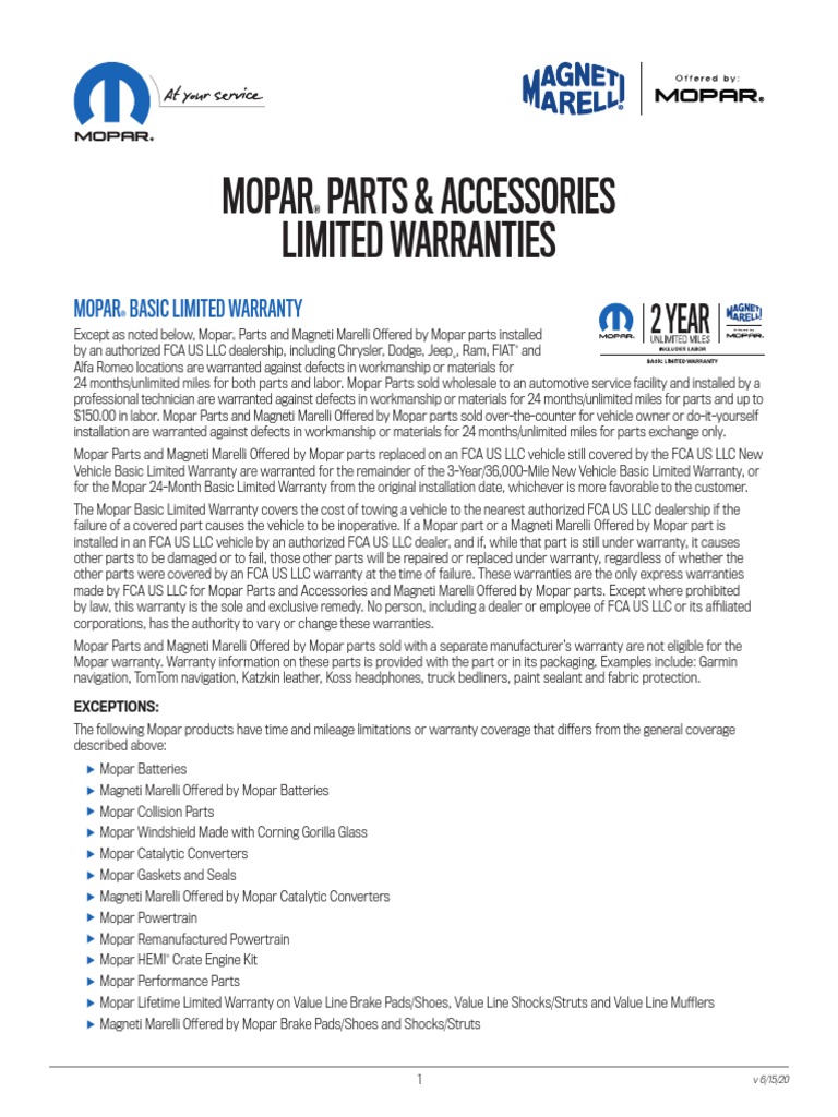 Mopar Parts Accessories Warranty Statement | PDF | Chrysler | Motor Vehicle