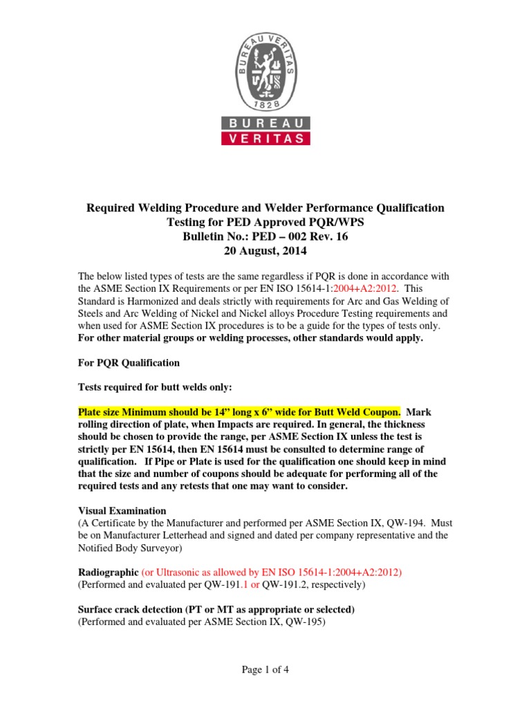 PED Approved PQR/WPS Testing Requirements | PDF | Nondestructive ...