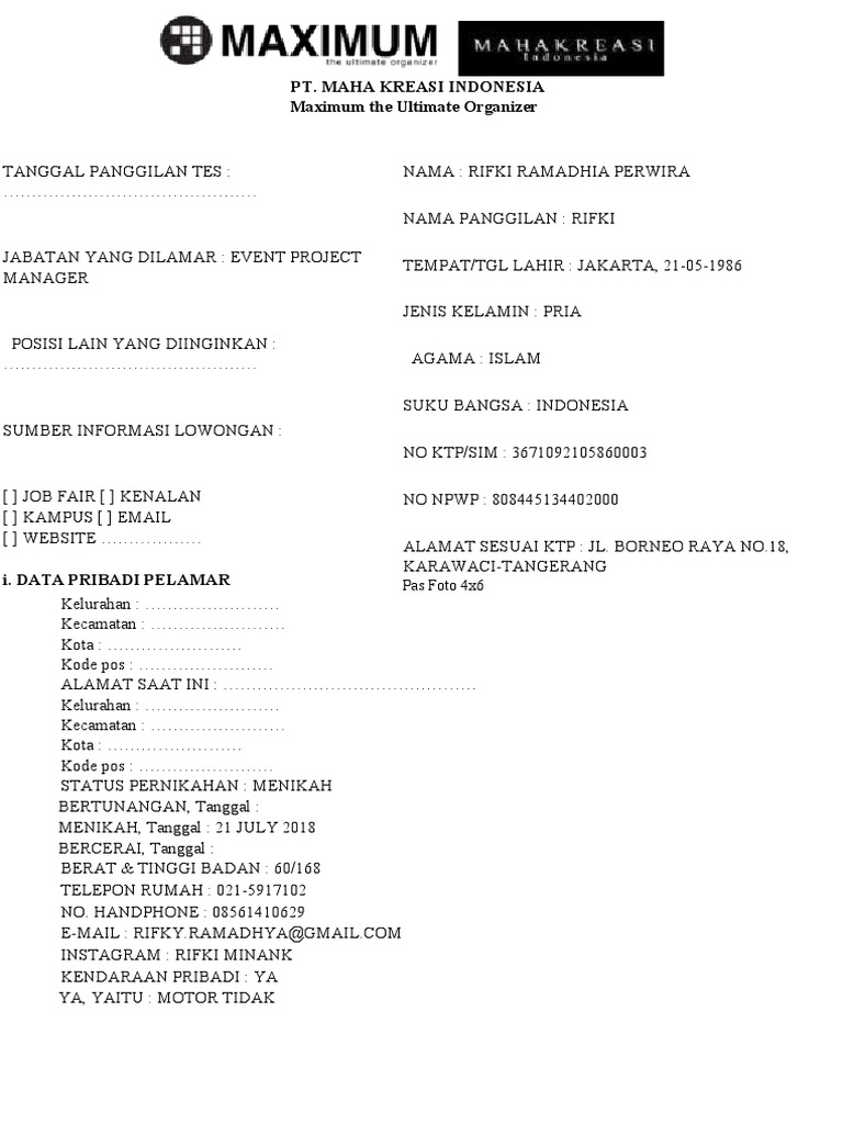 Form Data Diri Interview | PDF