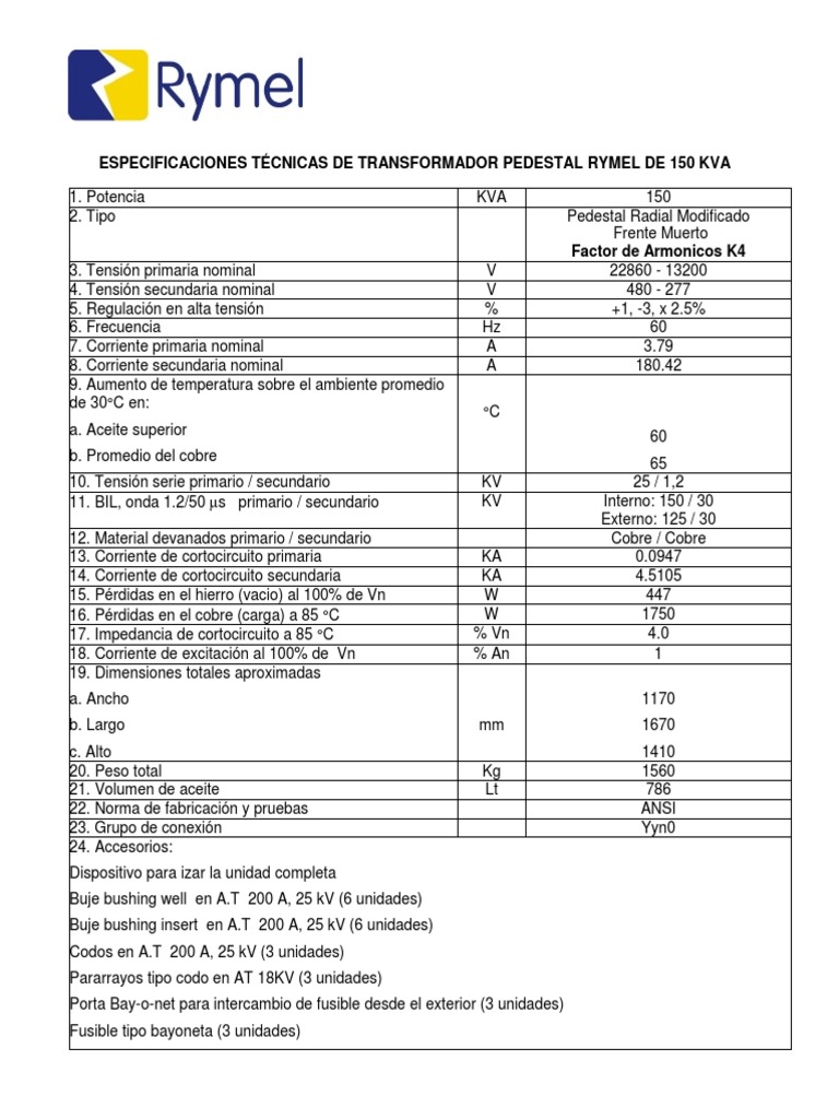 Especificaciones Técnicas de Transformador Pedestal Rymel de 150 Kva ...