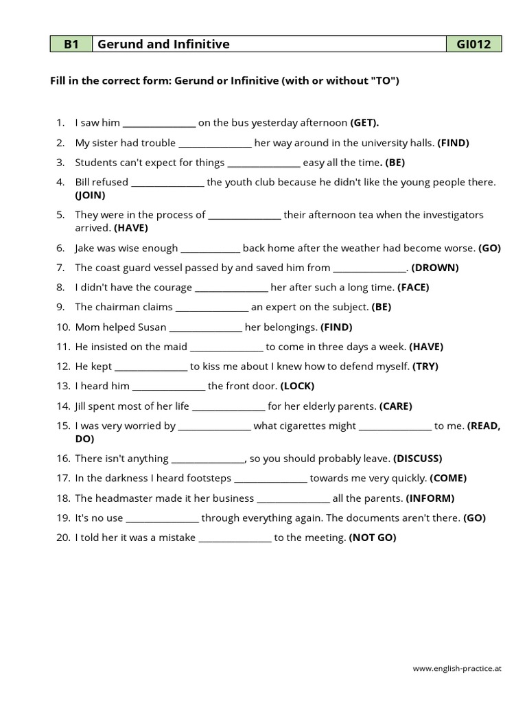B1 Gerund and Infinitive GI012: Fill in The Correct Form: Gerund or ...