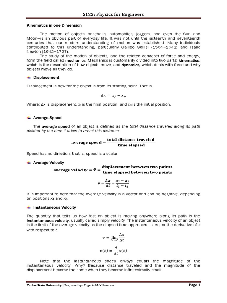 Kinematics In One Dimension Pdf Velocity Acceleration