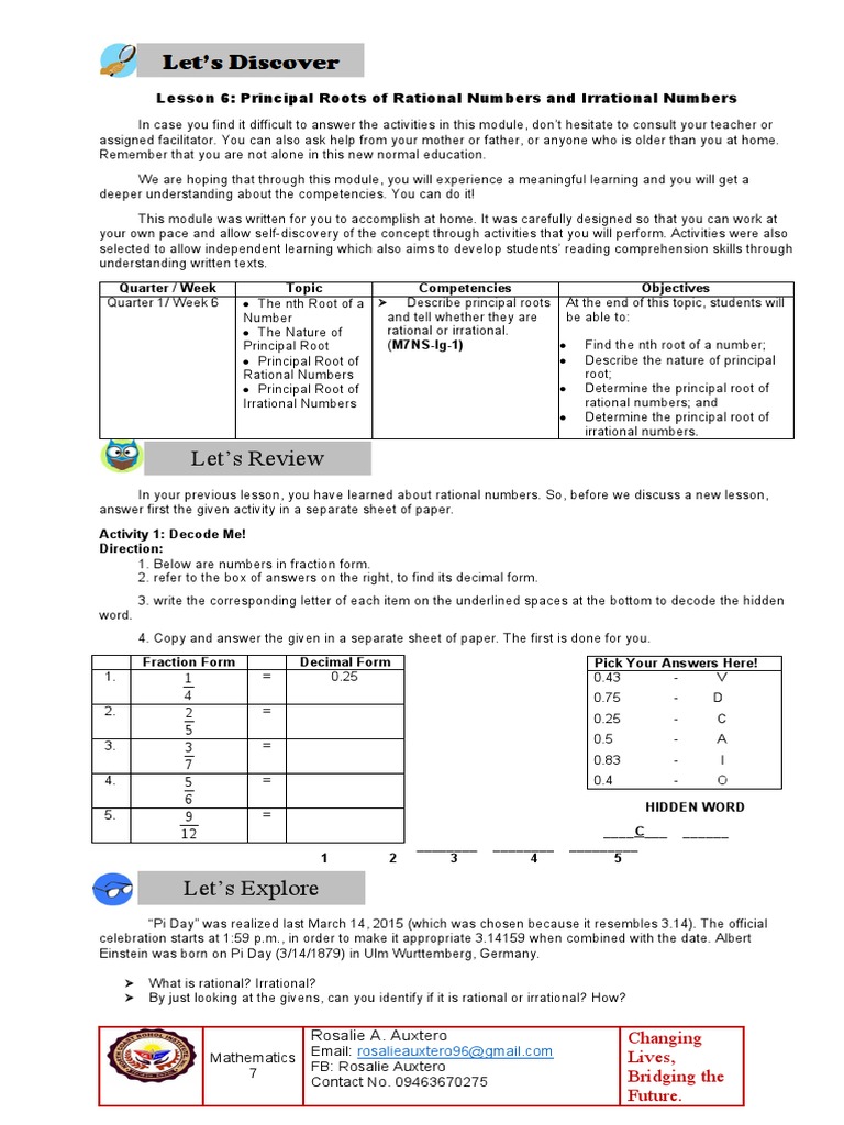 Let's Review: Lesson 6: Principal Roots of Rational Numbers and ...