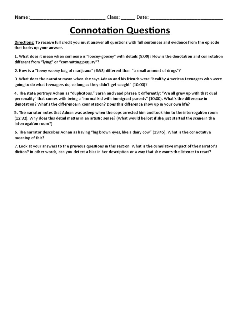 Connotation Questions Worksheet Ep1 | PDF