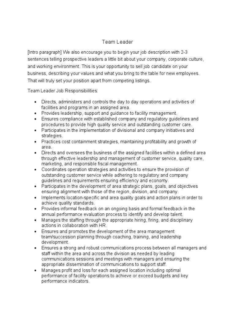Team Leader Job Description and Responsibilities | PDF | Strategic ...