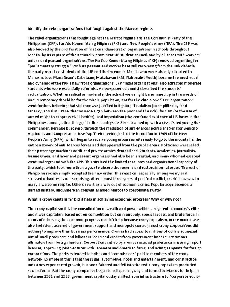 Identify The Rebel Organizations That Fought Against The Marcos Regime ...