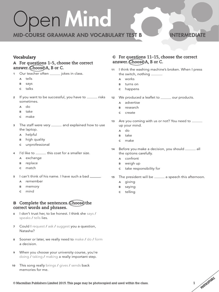 Intermediate Mid-Course Grammar and Vocabulary Test B | PDF