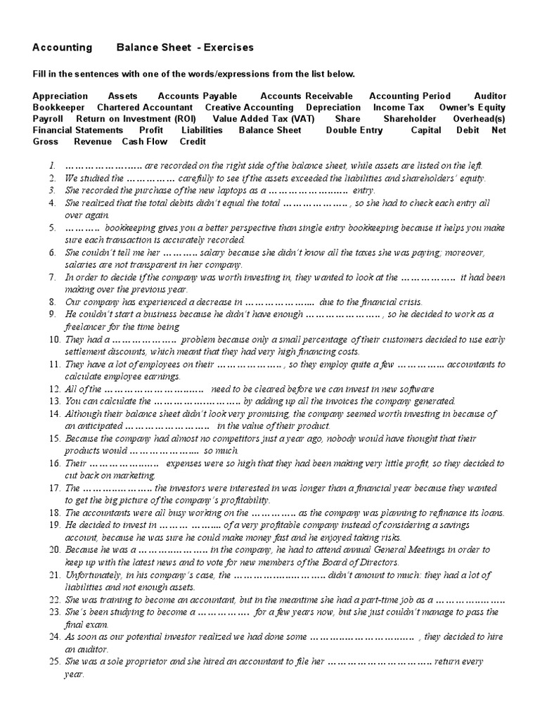 Balance Sheet Exercises for Accounting | PDF | Debits And Credits ...