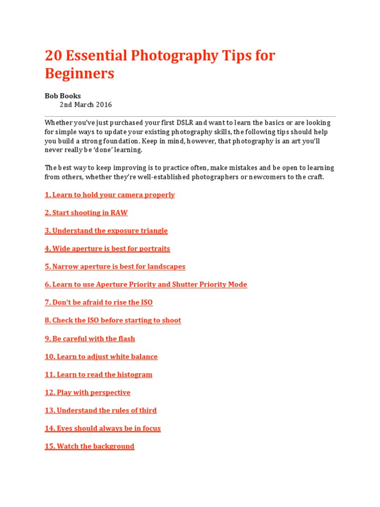 20 Essential Photography Tips For Beginners: Bob Books | PDF