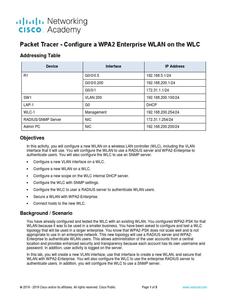 Packet Tracer - Configure A WPA2 Enterprise WLAN On The WLC: Addressing ...