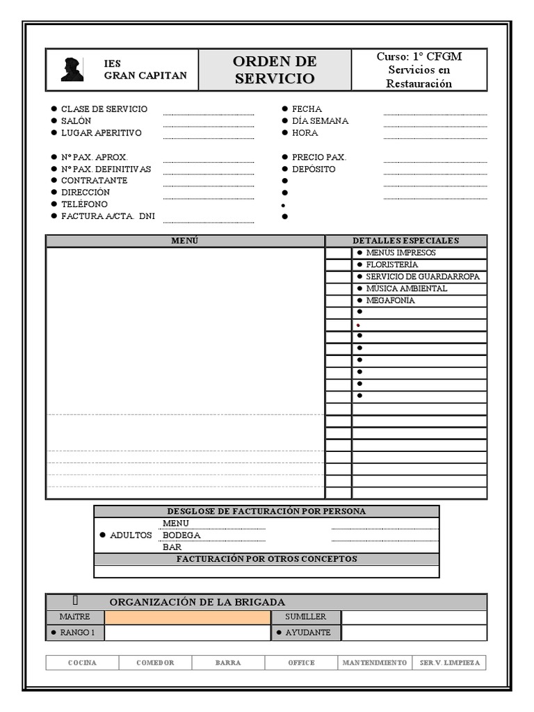 01 - Orden de Servicio | PDF | Restaurante y Catering