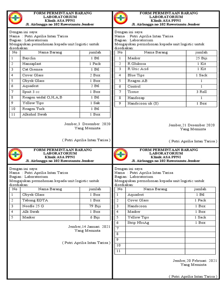 FORM PERMINTAAN LAB | PDF
