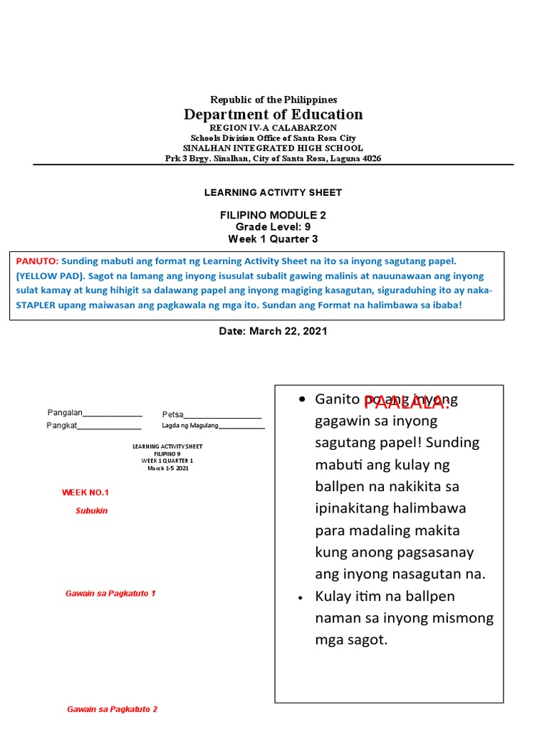 Las Filipino 9 Week 1 Quarter 3 March 22 | PDF