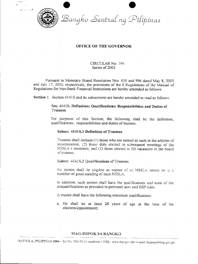 BSP Circular No. 396 Nssla | PDF