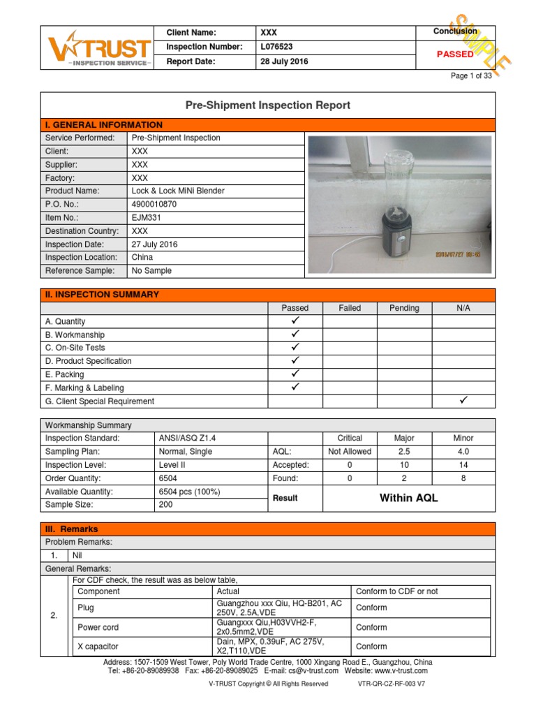 Sample Report - Pre-Shipment Inspection | PDF | Packaging And Labeling ...