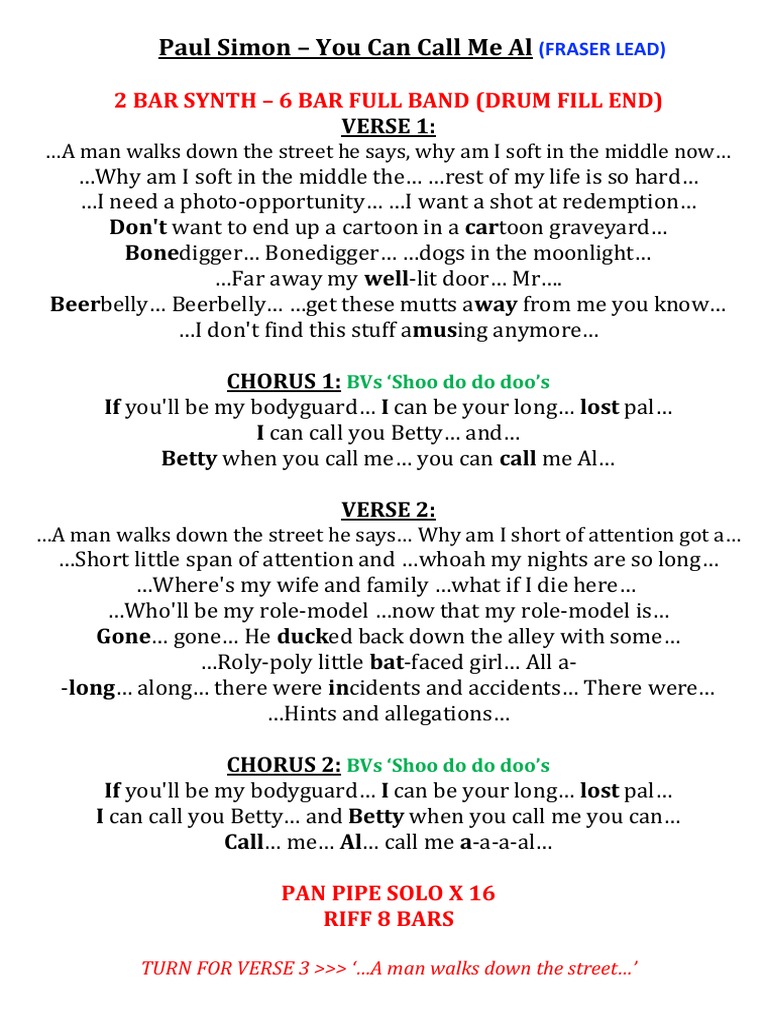 Paul Simon's "You Can Call Me Al" Lyrics | PDF | Recorded Music | Songs