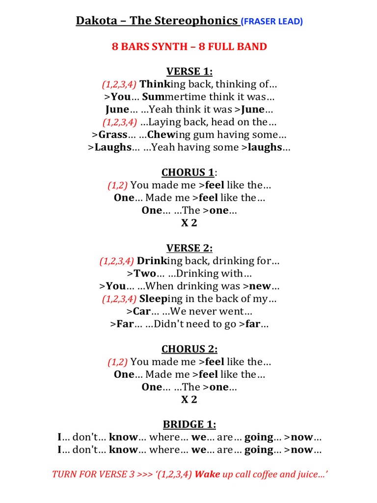 Dakota - The Stereophonics: 8 Bars Synth - 8 Full Band | PDF | Refrain ...