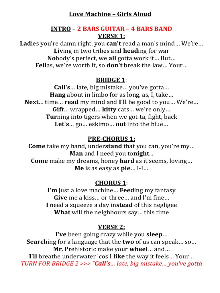 Girls Aloud: Love Machine Lyrics | PDF | Song Structure | Songs