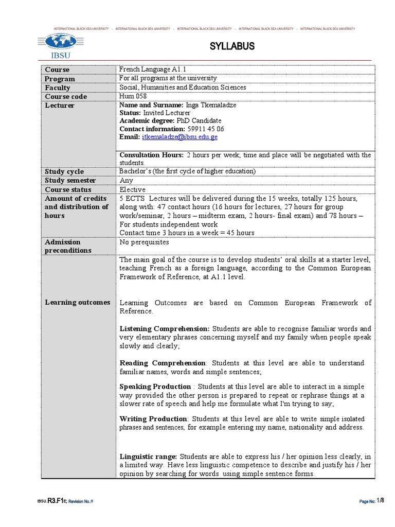 Syllabus: French Language A1.1 For All Programs at The University ...