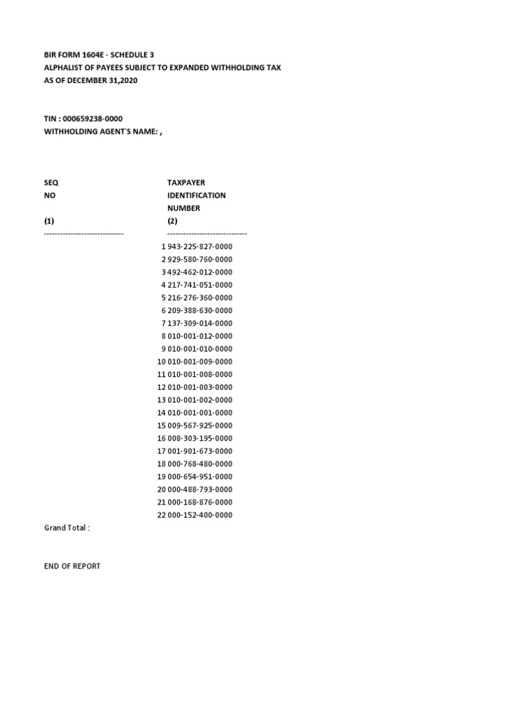 Bir Form 1604E - Schedule 3 Alphalist of Payees Subject To Expanded ...
