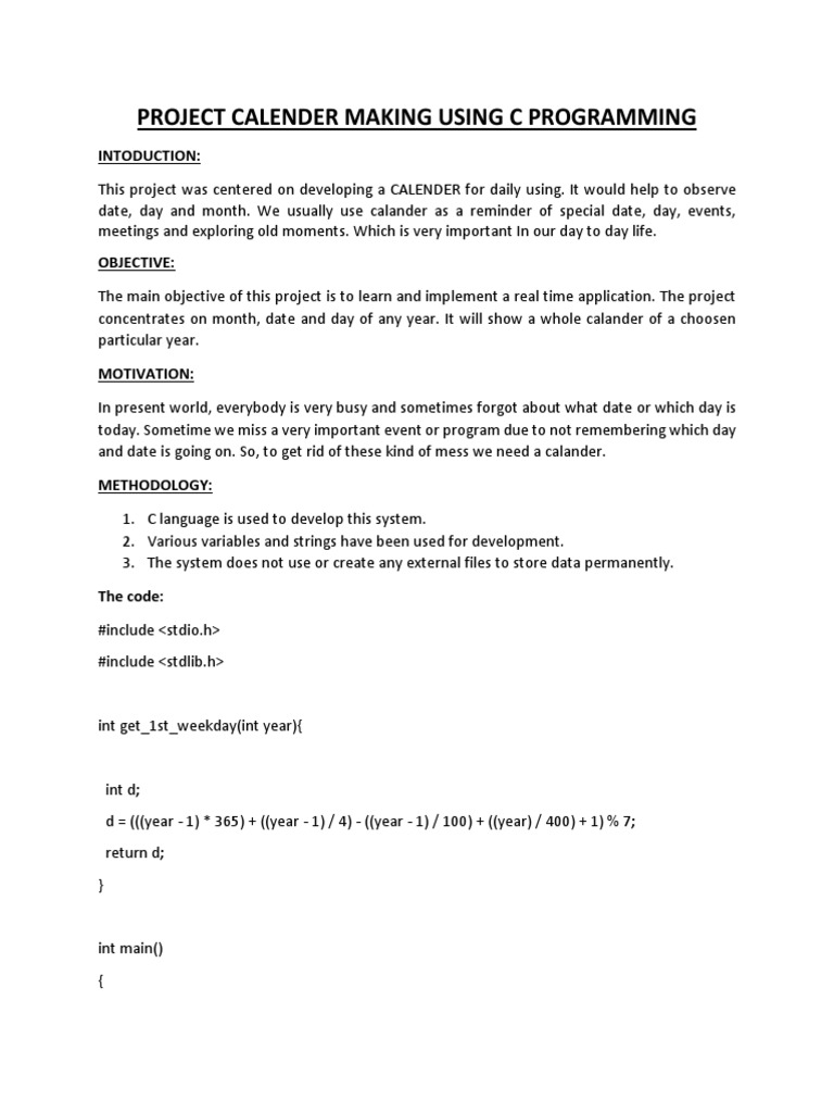 Project Calender Making Using C Programming: Intoduction | PDF | Career ...