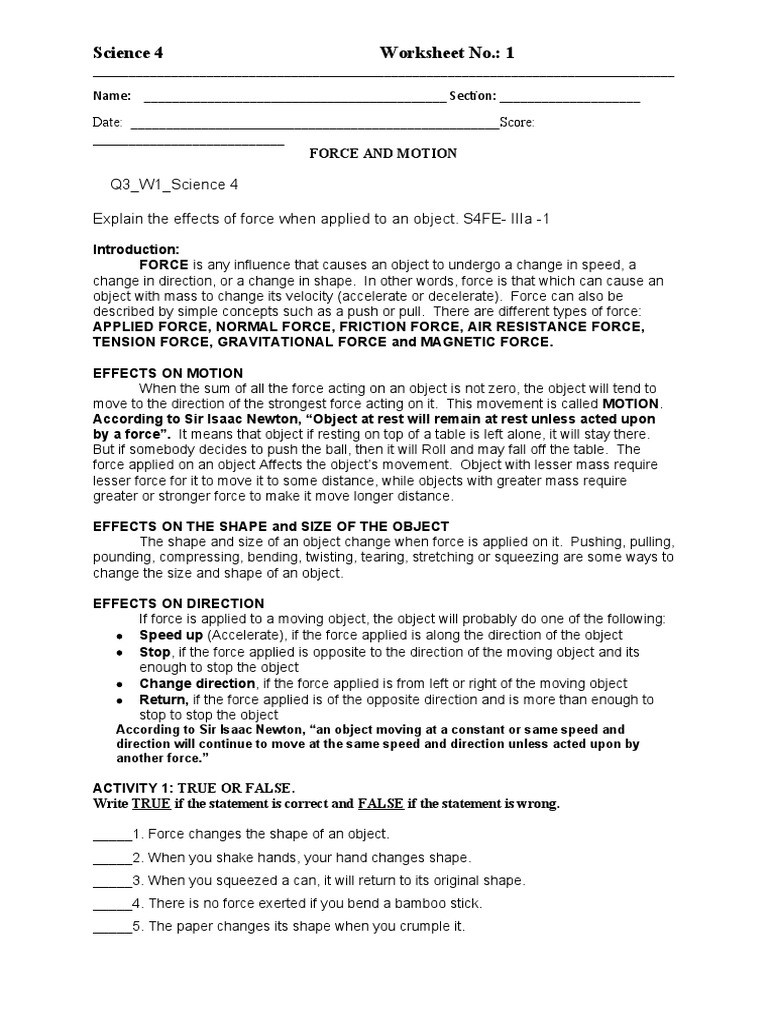 Grade 4 Force and Motion Worksheet | PDF | Force | Mass