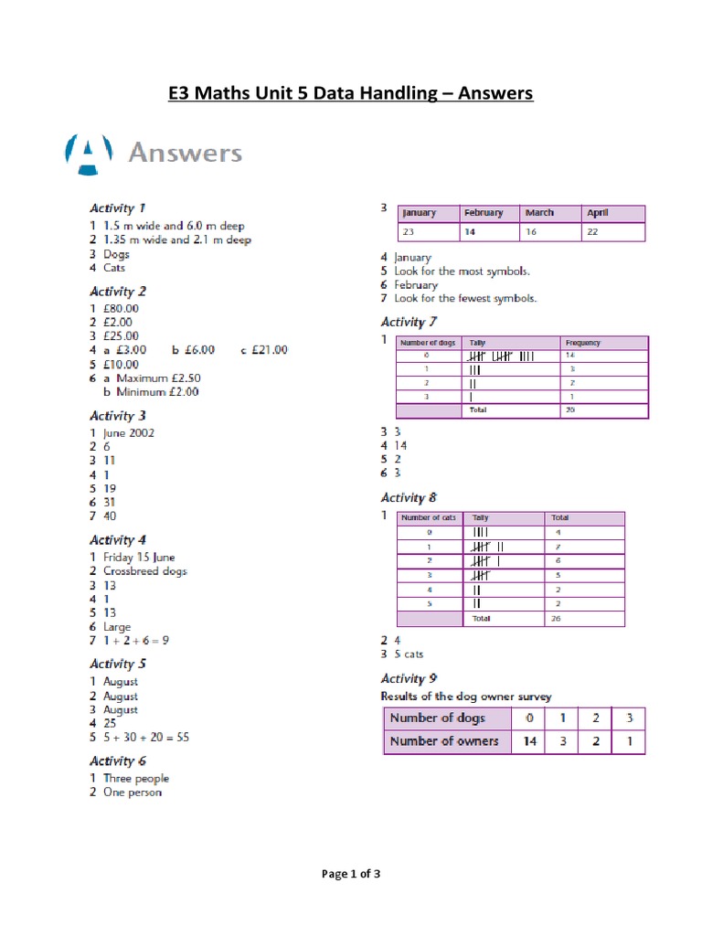 E3 Numeracy Unit 5 Data Handling - Answers | PDF