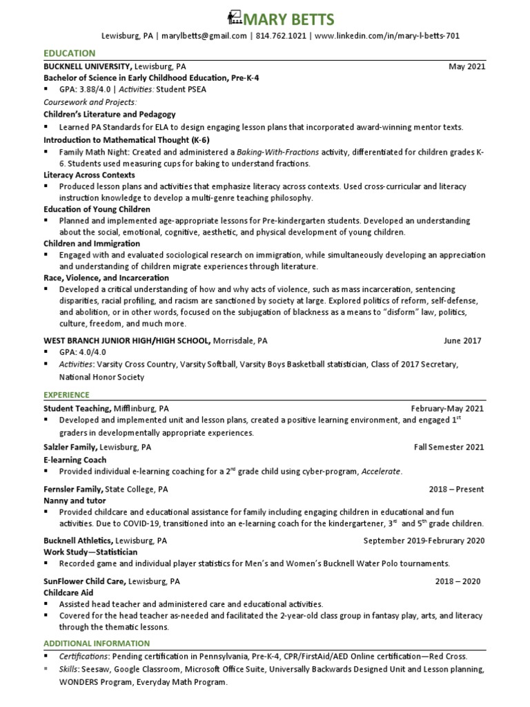 Mary Betts 2021 Resume | PDF | Child Care | Relationships