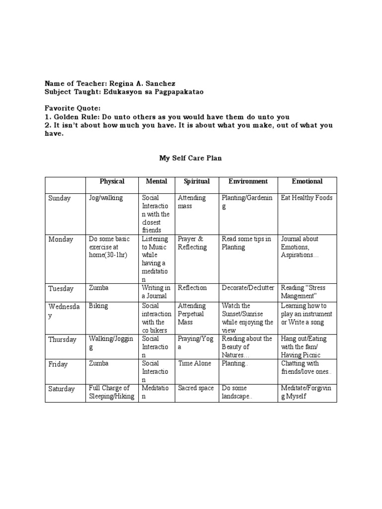 RSanchez Self Care Plan | PDF