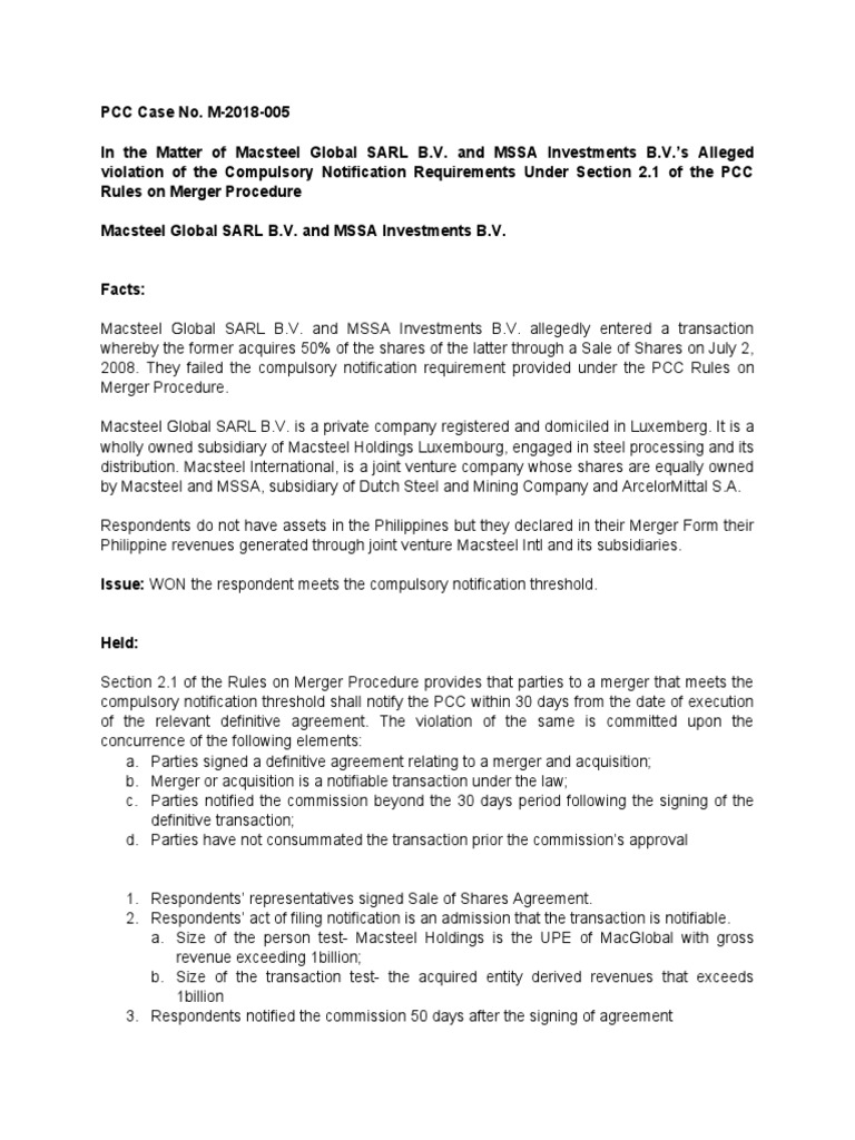 PCC Case No. M-2018-005 | Download Free PDF | Mergers And Acquisitions ...