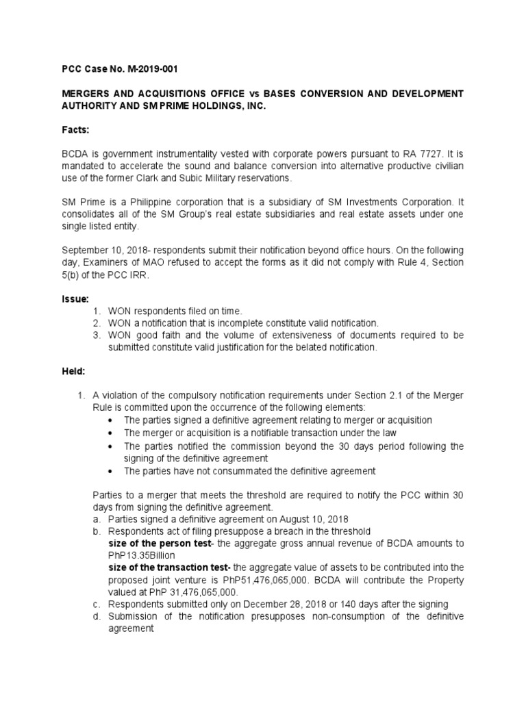 PCC Case No. M-2019-001 | PDF | Mergers And Acquisitions | Business Law