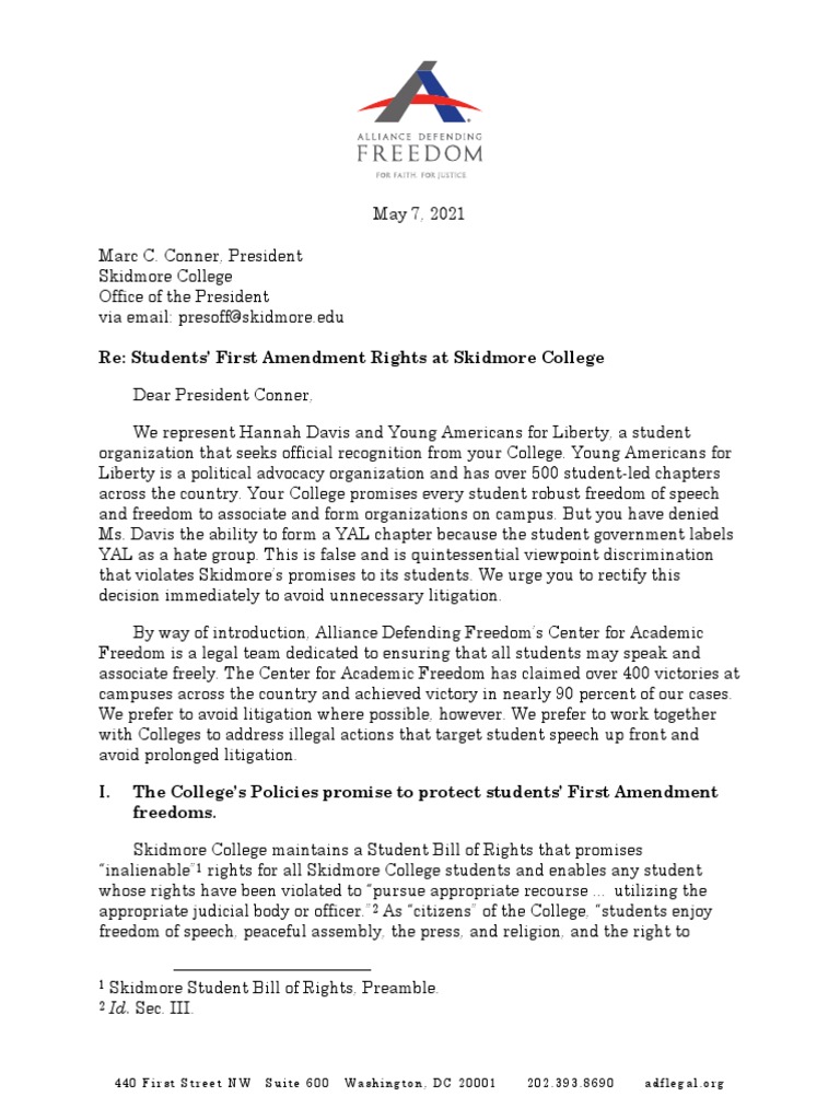 ADF Letter To Skidmore College | PDF | First Amendment To The United ...